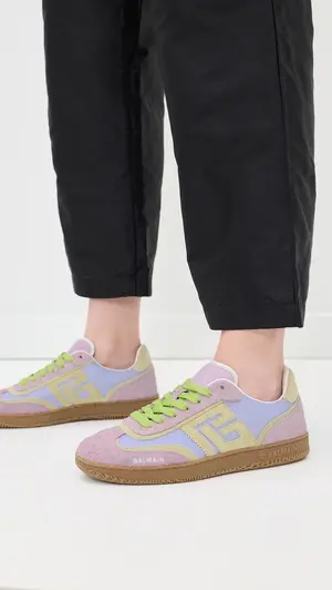 Balmain Swan Suede Leather And Mesh Sneakers - Qei Lilas/vert Clair