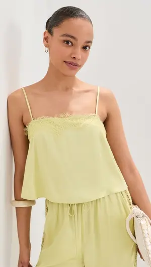 LE BOP Sienna Satin Top With Lace Trim - Honeydew