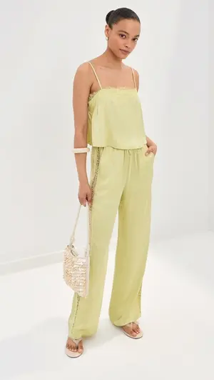 LE BOP Sienna Satin Top With Lace Trim - Honeydew
