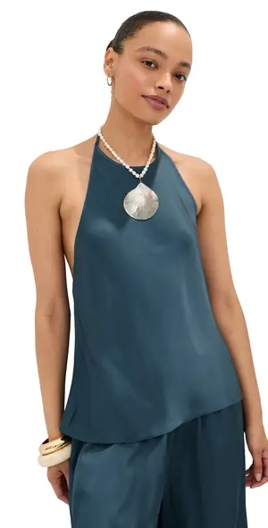 LE BOP Greer Satin Halter Neck Top - Navy