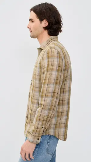 Billy Reid Dobby Plaid Linen Cedar Button Down Shirt - Olive Multi