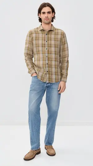 Billy Reid Dobby Plaid Linen Cedar Button Down Shirt - Olive Multi