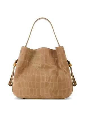 Elisabetta Franchi Crocodile Print Suede Bucket Bag - Brown