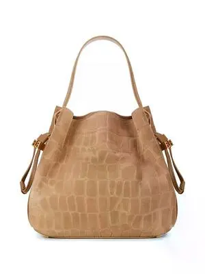 Elisabetta Franchi Crocodile Print Suede Bucket Bag - Brown