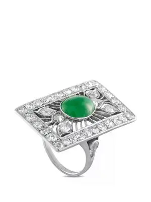 LB EXCLUSIVE Art Deco Jade And Diamond 18k Gold Ring - Silver