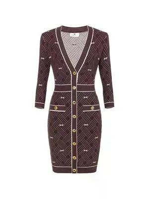 Elisabetta Franchi Diamond Jacquard Knit Mini Dress With Gold-tone Logo Buttons