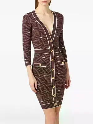 Elisabetta Franchi Diamond Jacquard Knit Mini Dress With Gold-tone Logo Buttons