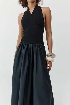 ST. AGNI Knit Halter Backless Maxi Dress - Black