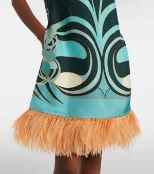 La DoubleJ Swing Feather-trimmed Floral Silk Twill Minidress - Green