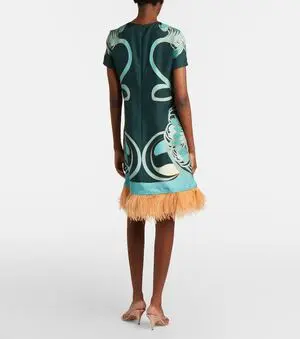 La DoubleJ Swing Feather-trimmed Floral Silk Twill Minidress - Green