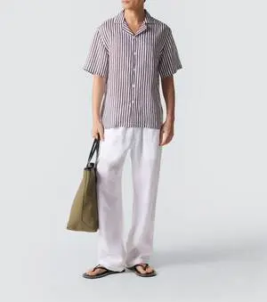 Fedeli Striped Linen Bowling Shirt - Brown