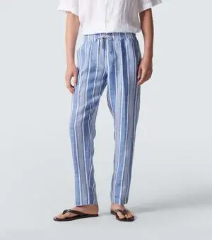 Fedeli Striped Linen Straight Pants - Blue