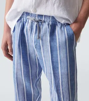 Fedeli Striped Linen Straight Pants - Blue