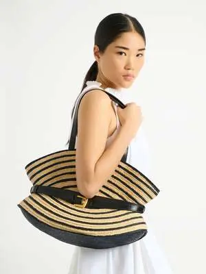 Balmain Shuffle Bag In Raffia And Leather - Beige