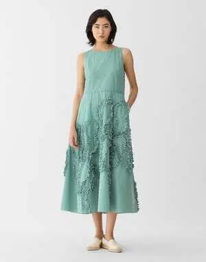 Lafayette 148 New York Striped Cotton Poplin Midi Dress With Floral Appliqu - Grass Multi