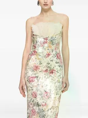 NISSA Sequin-embellished Floral Print Midi Dress - Neutrals