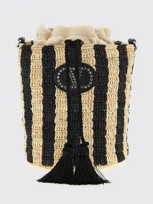 Valentino Garavani Striped Raffia Bucket Bag With Tassel Accents - Black