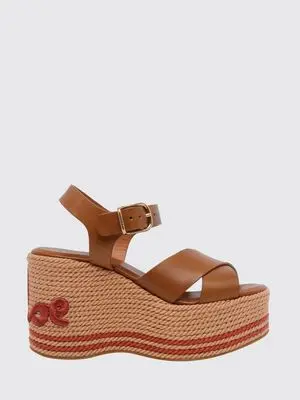 Chloé High Wedge Sandals In Calfskin Leather With Embroidered Logo - Brown