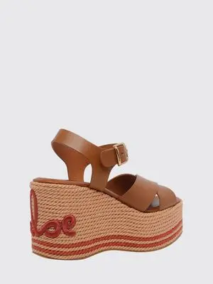 Chloé High Wedge Sandals In Calfskin Leather With Embroidered Logo - Brown