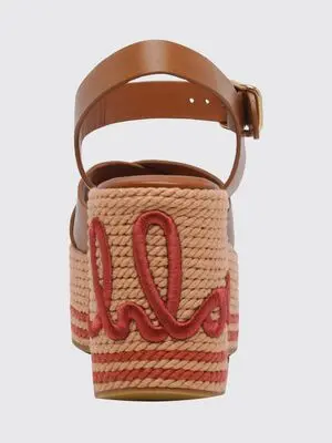 Chloé High Wedge Sandals In Calfskin Leather With Embroidered Logo - Brown