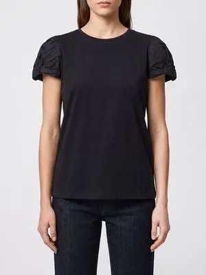 TWINSET Slim Fit Cotton Top With Puff Sleeves And Crew Neck - Black
