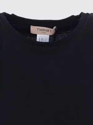 TWINSET Slim Fit Cotton Top With Puff Sleeves And Crew Neck - Black