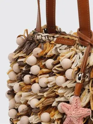 AQUAZZURA Embroidered Raffia Handbag With Wooden Handles And Fringe Detail