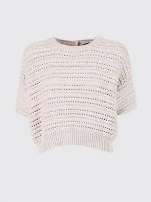 Emporio Armani Perforated Cotton Blend Knit Top With Crew Neck And Button Back - Beige