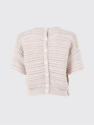 Emporio Armani Perforated Cotton Blend Knit Top With Crew Neck And Button Back - Beige