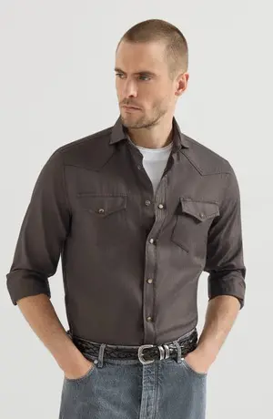 Brunello Cucinelli Garment-dyed Chevron Shirt - Brown
