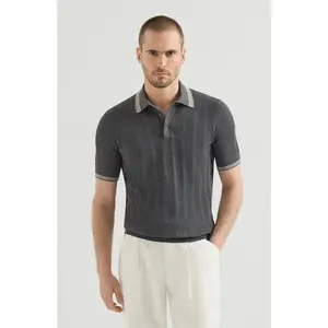 Brunello Cucinelli Cotton Textured Rib Knit Polo - Anthracite