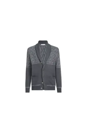 Brunello Cucinelli Cotton Shawl Collar Cardigan With Jacquard Cable Shoulder - Medium Grey