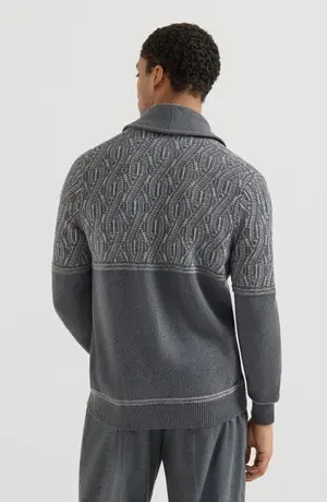 Brunello Cucinelli Cotton Shawl Collar Cardigan With Jacquard Cable Shoulder - Medium Grey
