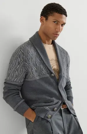 Brunello Cucinelli Cotton Shawl Collar Cardigan With Jacquard Cable Shoulder - Medium Grey