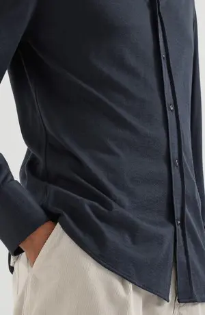Brunello Cucinelli Silk And Cotton Lightweight Jersey Shirt With Spead Collar - Blue
