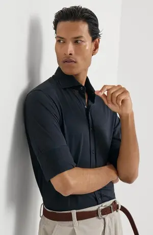 Brunello Cucinelli Silk And Cotton Lightweight Jersey Shirt With Spead Collar - Blue