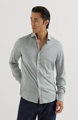 Brunello Cucinelli Silk And Cotton Lightweight Jersey Shirt With Spead Collar Grey
