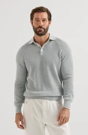 Brunello Cucinelli Cotton English Rib Knit Polo With Long Raglan Sleeves - Light Grey