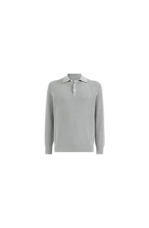 Brunello Cucinelli Cotton English Rib Knit Polo With Long Raglan Sleeves - Light Grey
