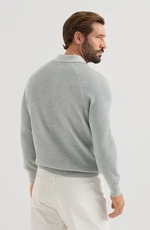 Brunello Cucinelli Cotton English Rib Knit Polo With Long Raglan Sleeves - Light Grey