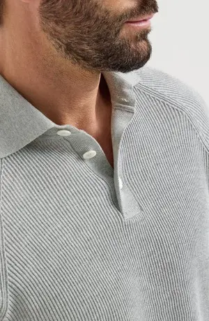 Brunello Cucinelli Cotton English Rib Knit Polo With Long Raglan Sleeves - Light Grey