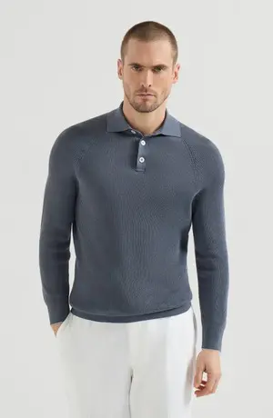 Brunello Cucinelli Cotton English Rib Knit Polo With Long Raglan Sleeves - Lignite Grey
