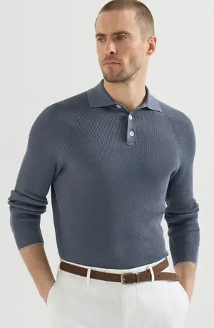 Brunello Cucinelli Cotton English Rib Knit Polo With Long Raglan Sleeves - Lignite Grey