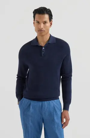 Brunello Cucinelli Cotton English Rib Knit Polo With Long Raglan Sleeves - Navy Blue