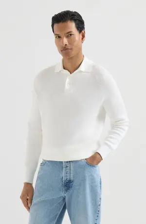 Brunello Cucinelli Cotton English Rib Knit Polo With Long Raglan Sleeves - Panama