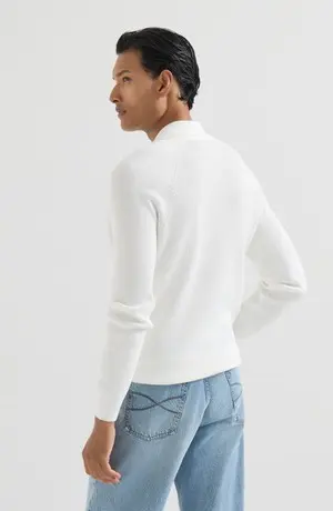 Brunello Cucinelli Cotton English Rib Knit Polo With Long Raglan Sleeves - Panama