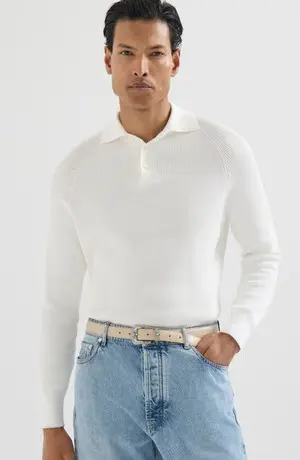 Brunello Cucinelli Cotton English Rib Knit Polo With Long Raglan Sleeves - Panama