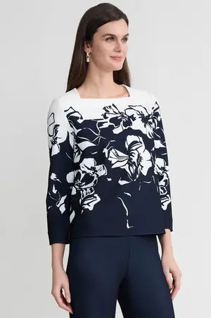Ming Wang Floral Print Stretch Deco Crepe Blouse