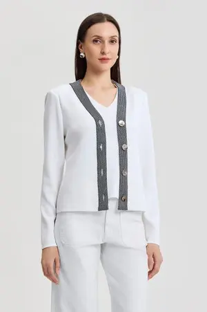 Ming Wang Contrast Trim Knit Cardigan - White/black