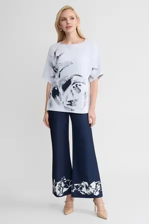 Ming Wang Stretch Deco Crepe Floral Print Wide Leg Pants